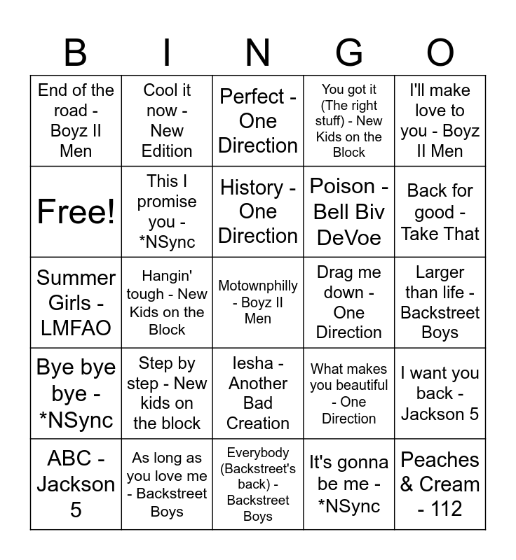 Boy Bands Bingo Card