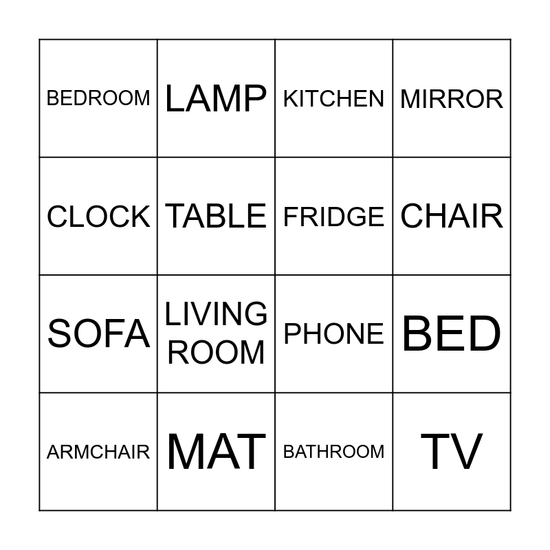 FURNITURE Bingo Card