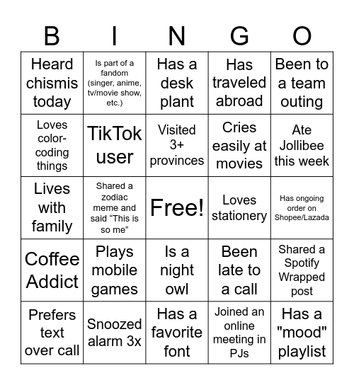 Digital Team's Virtual Bingo Card