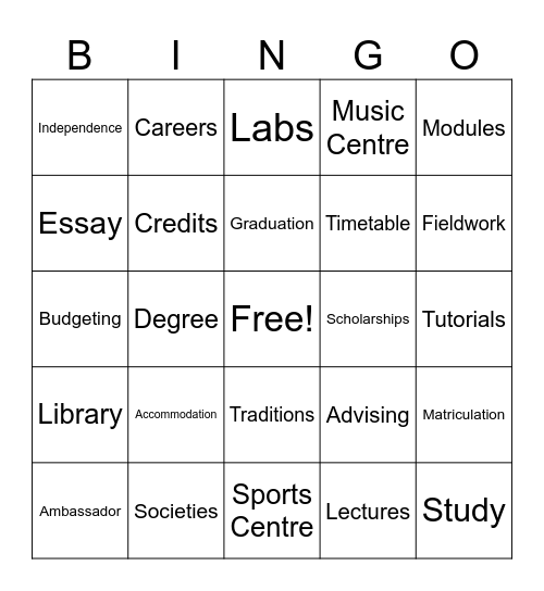University Bingo Card University Bingo Card