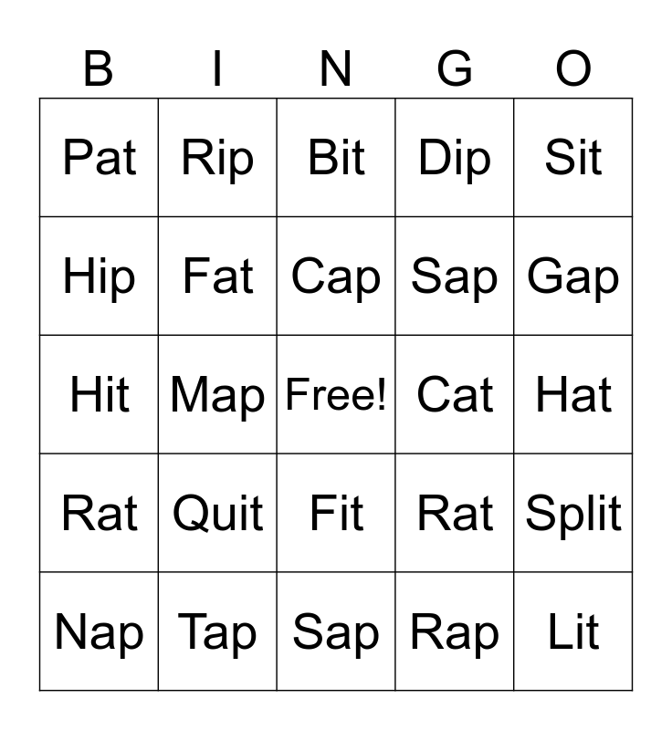 Word Family Bingo Card