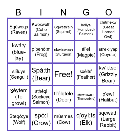 Halq’eméylem Bingo Card