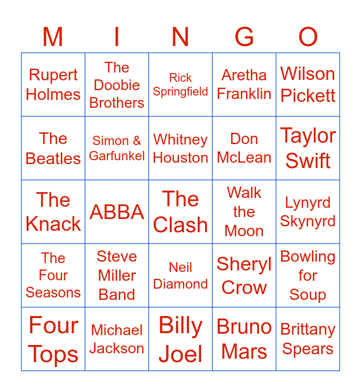 Sing Along - Artists Bingo Card
