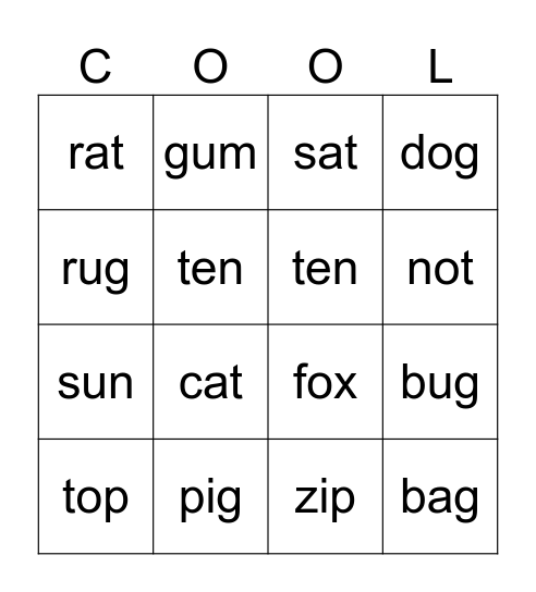 CVC WORDS Bingo Card