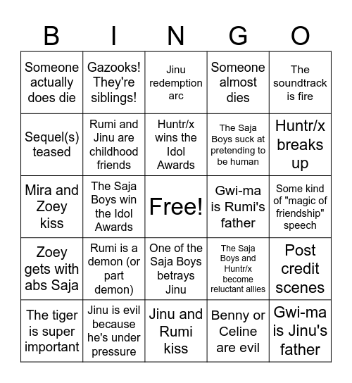 K-Pop Demon Hunters Bingo Card