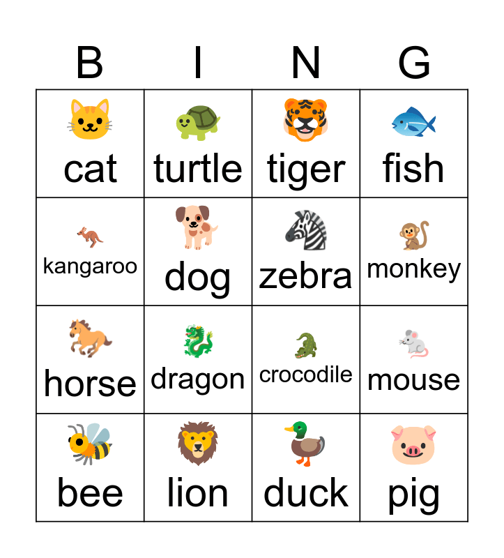 Bingo animals Bingo Card