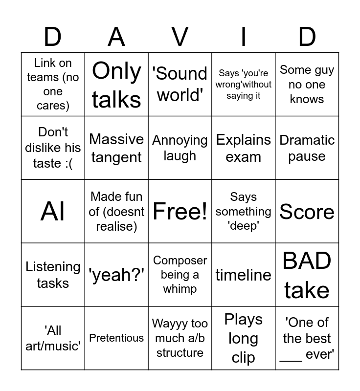 david bingo Card