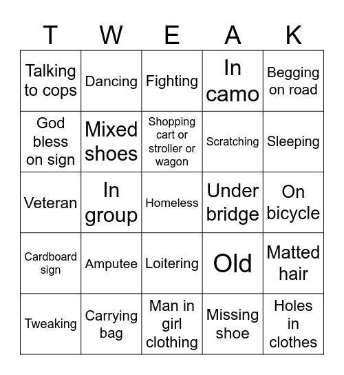 Homeless Bingo Card