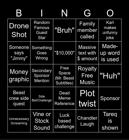 Mr. Beast Bingo Card