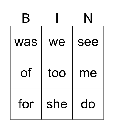 Heart Words - 2 and 3 Bingo Card