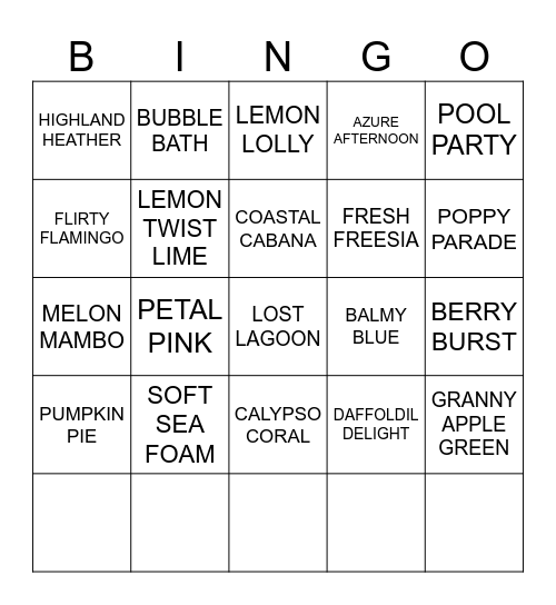STAMPIN UP - COLOURS Bingo Card