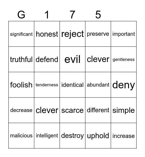 G 175 Bingo Card