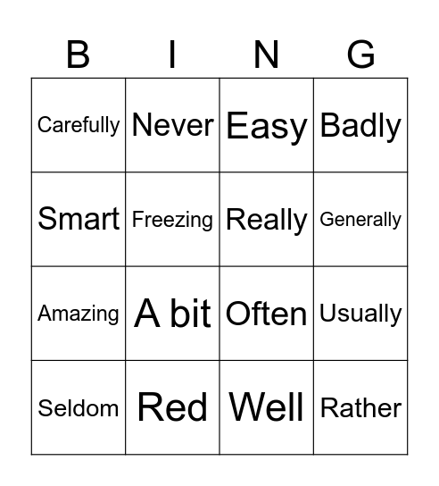 Parts of speech : adjectives and adverbs Bingo Card