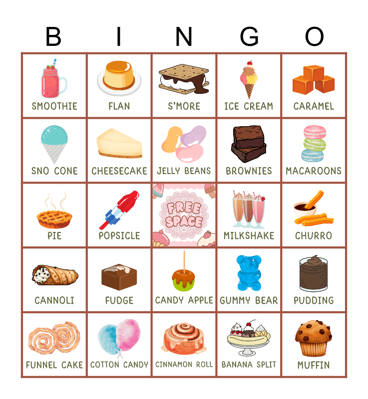 Dessert Bingo Card