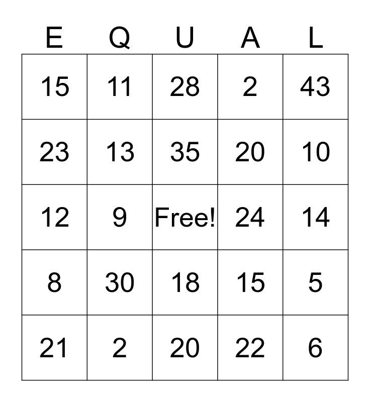 Variable Equation Bingo Card