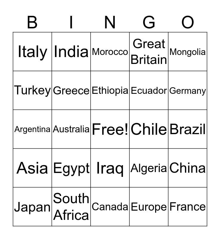 Continents and Countries Bingo Card