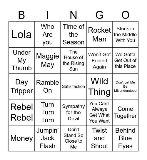 British Invasion Bingo Card