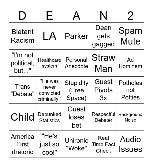 Dean Withers Debate Bingo Card