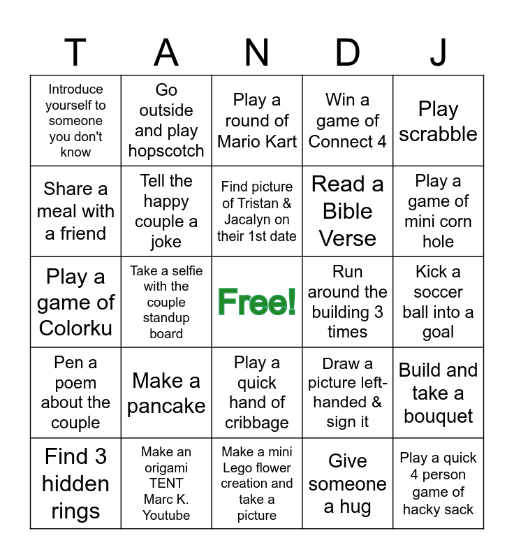 Tristan & Jacalyn Activity Bingo Card