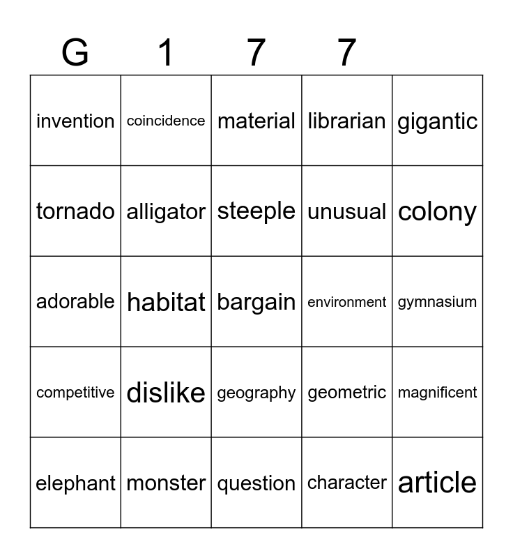 G 177 Bingo Card