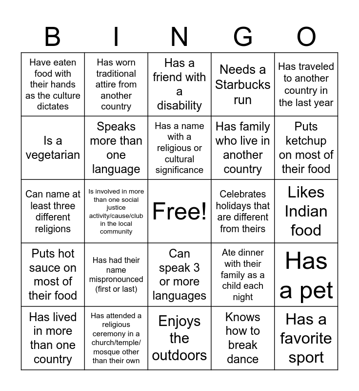 Cultural Diversity Bingo Card