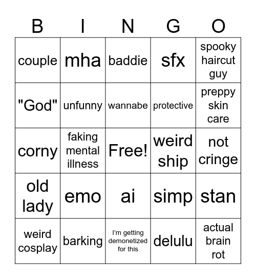 cringe Bingo Card