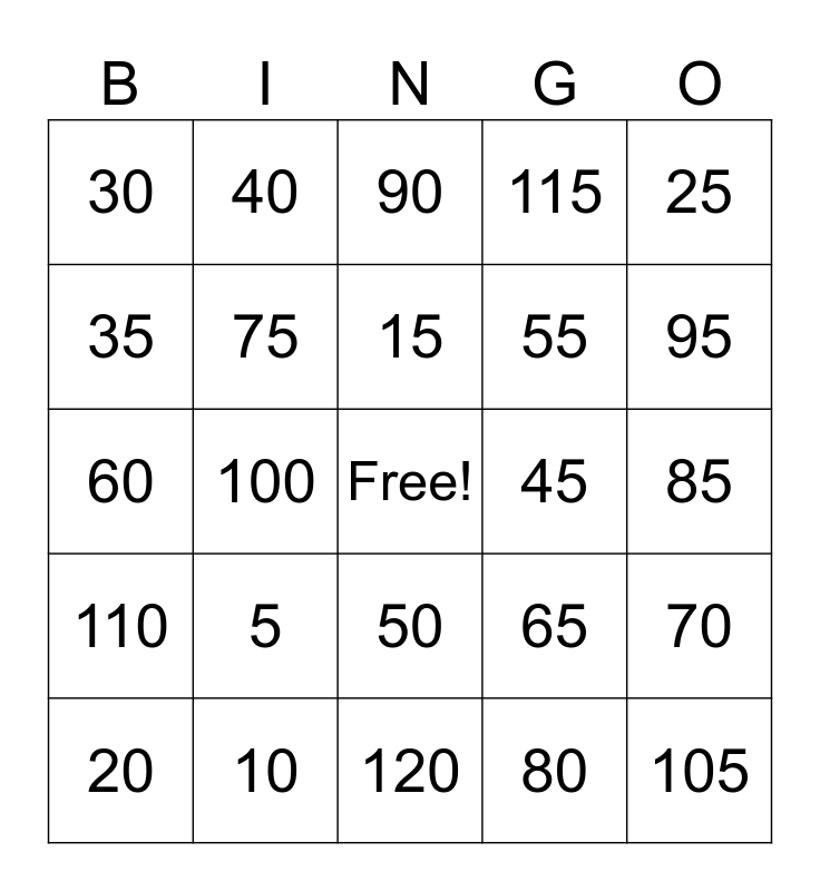 Skip counting BINGO Card