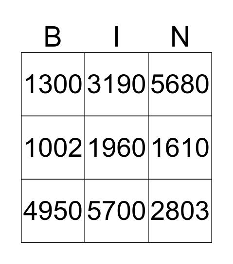 Rekenbingo 1000 Bingo Card