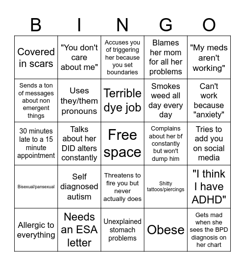 BPD Bingo Card Bingo Card