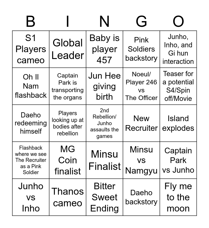 Squid Game Season 3 Predictions Bingo Card