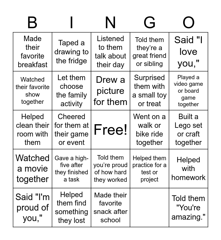 Love Languages for Kids Bingo Card