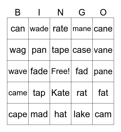 Long a, silent e Bingo Card