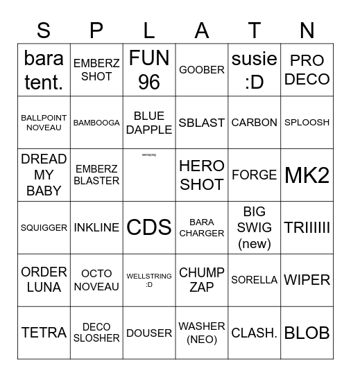 SPLATOON WEAPON BINGO Card