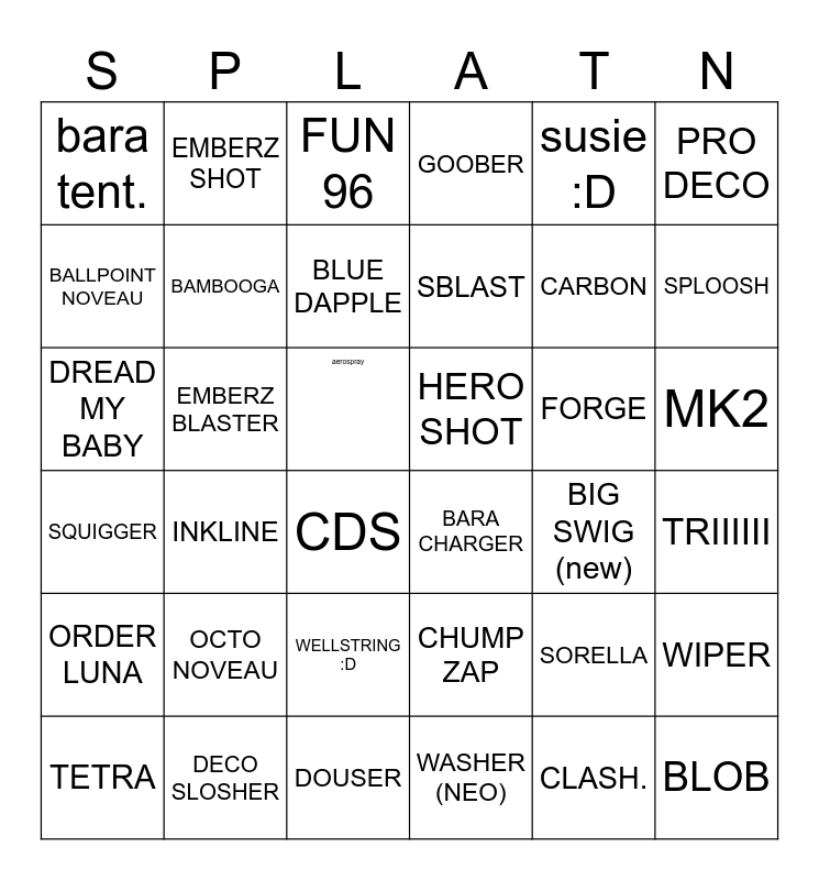 SPLATOON WEAPON BINGO Card