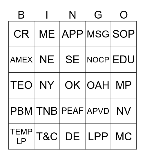 GTG NOTE ACRONYMS Bingo Card