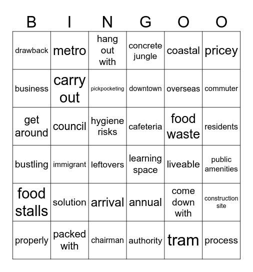 Unit 2: City Life Bingo Card