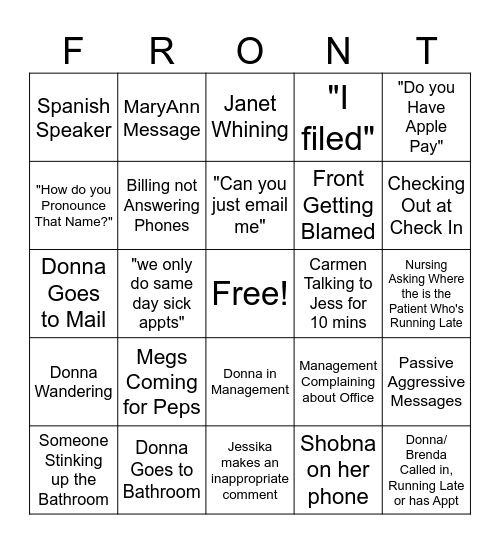 Front Desk Bingo Card
