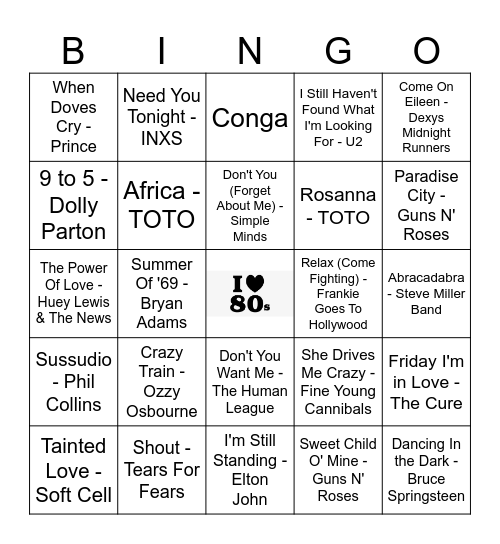 Summer Hits of the 80's Bingo Card