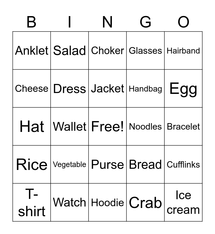 food cloth accessory Bingo Card