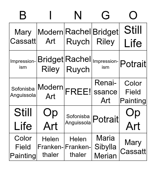 Famous Female Artists Bingo Card