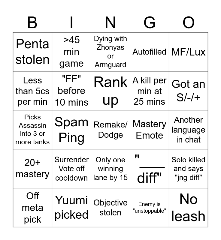 Ranked LoL Bingo Card