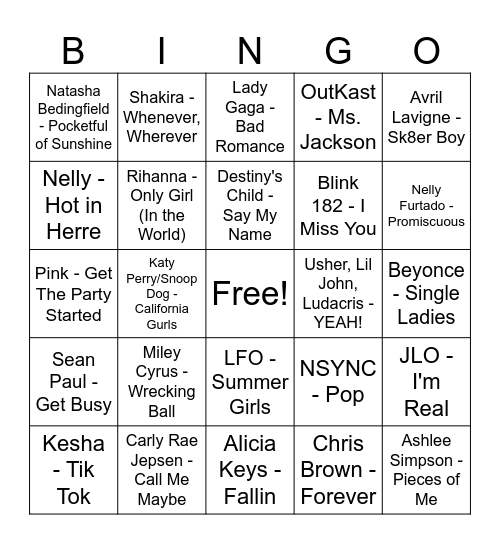 Pop 2000's Bingo Card