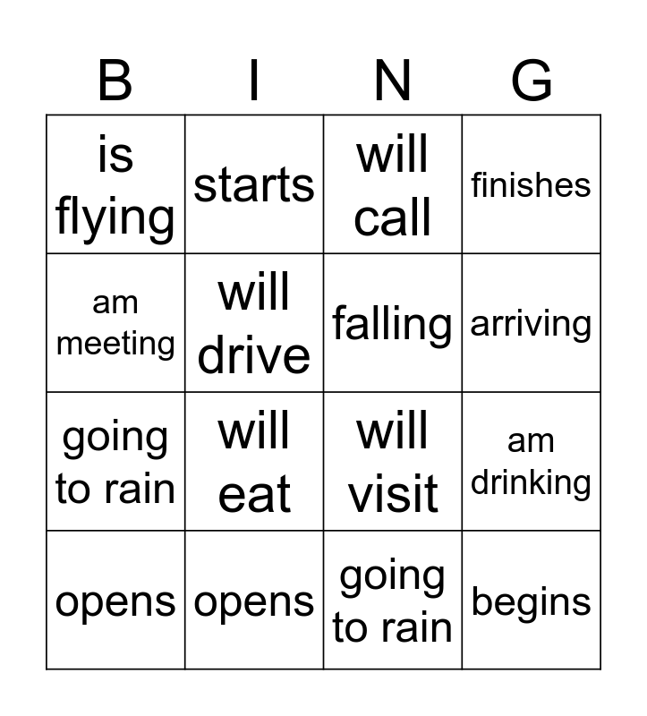 Future Tense Bingo Card