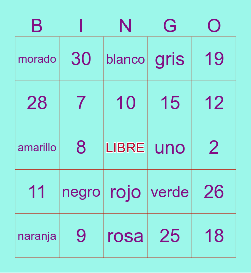 COLORES Y NúMEROS Bingo Card