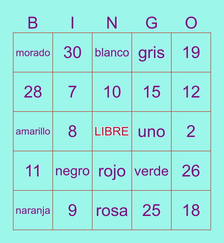 COLORES Y NúMEROS Bingo Card