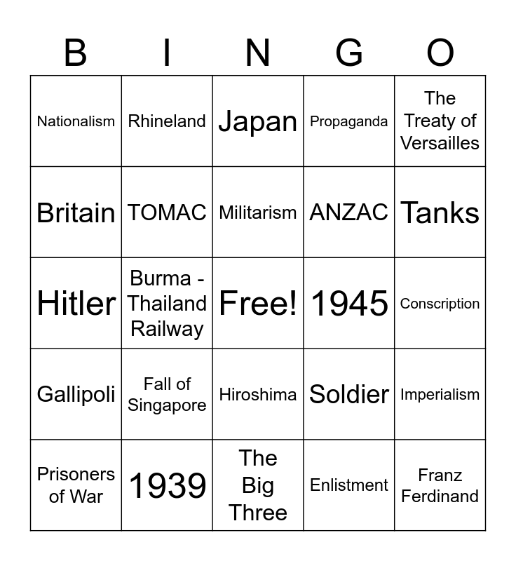 WWI and WWII Bingo Card