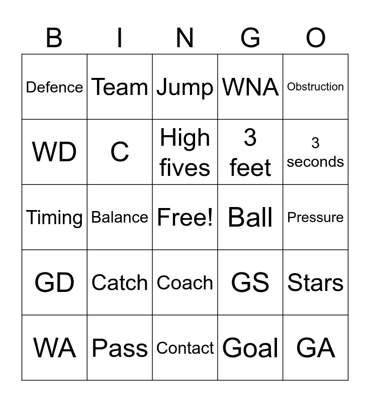 Netball Bingo Card