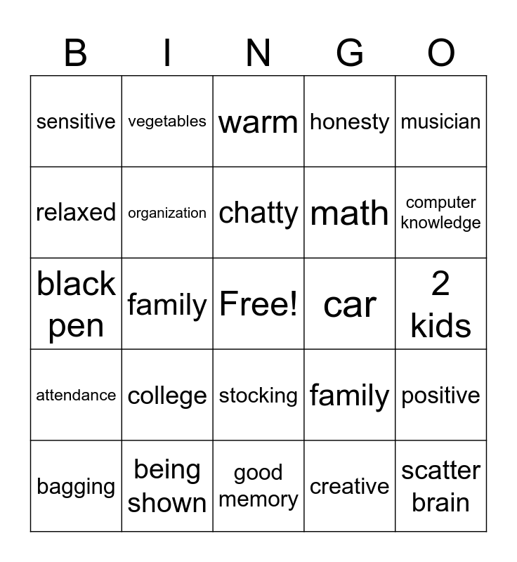 Positive Personality Profile Bingo Card