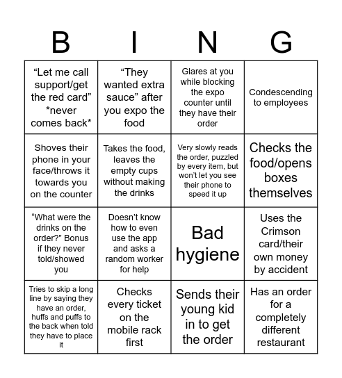 Canes DoorDasher Bingo Card
