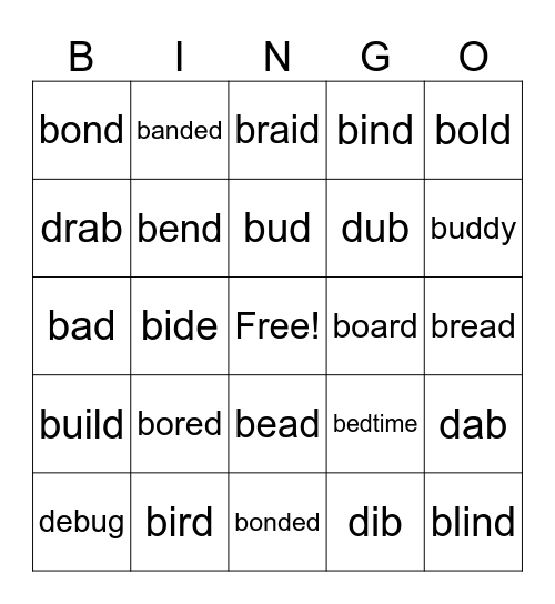 words with lower case b & d Bingo Card